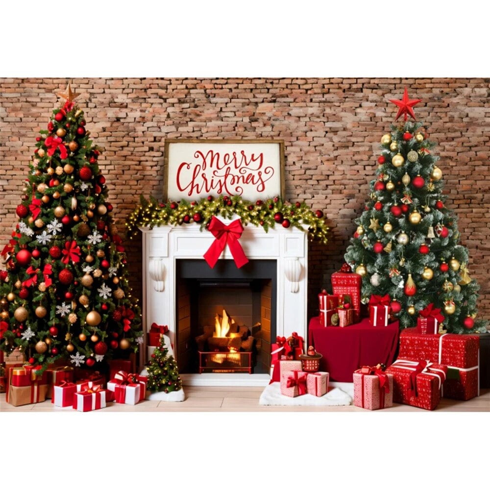 Winter Christmas Backdrops Xmas Trees Fireplace Wreath Gift Box Wooden ...