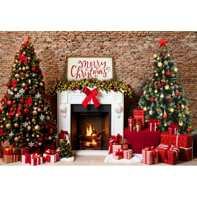 Winter Christmas Backdrops Xmas Trees Fireplace Wreath Gift Box Wooden Wall Baby Portrait Living ...
