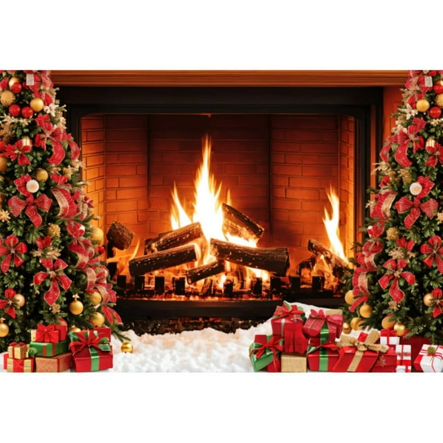 Winter Christmas Backdrops Xmas Trees Fireplace Wreath Gift Box Wooden Wall Baby Portrait Living ...
