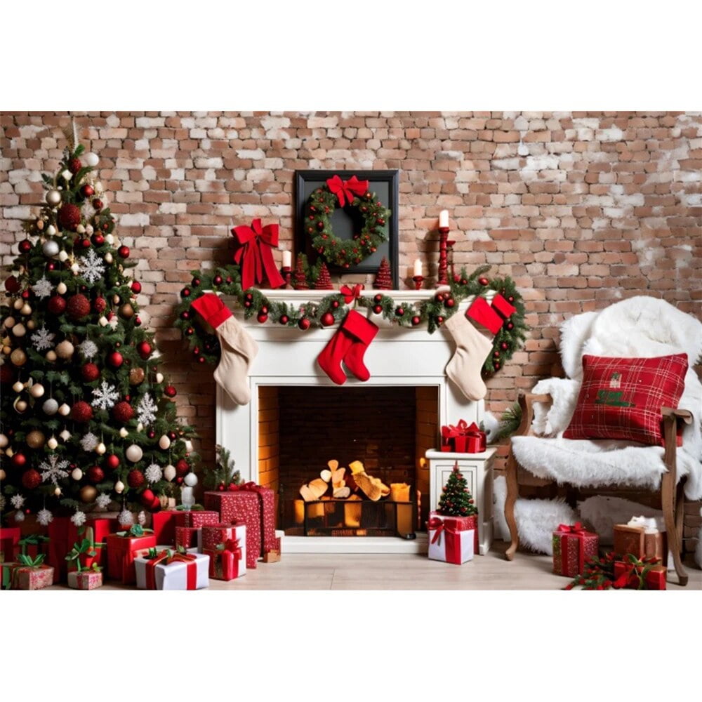Winter Christmas Backdrops Xmas Trees Fireplace Wreath Gift Box Wooden Wall Baby Portrait Living ...