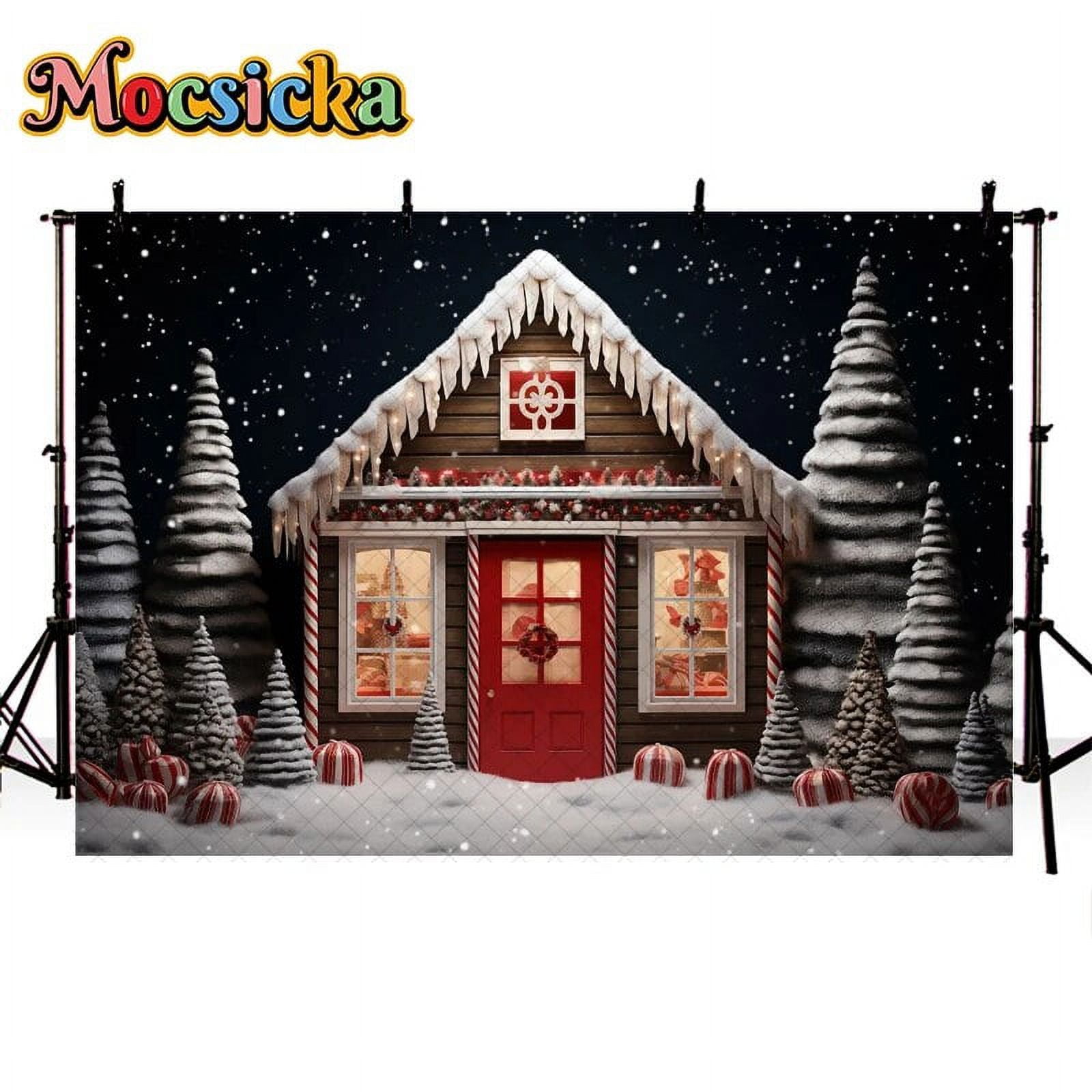 Winter Christmas Candy House Backdrop Night Starry Sky Snow Forest Tree ...
