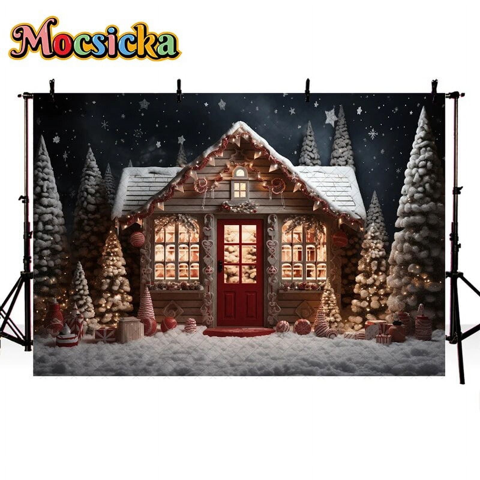 Winter Christmas Candy House Backdrop Night Starry Sky Snow Forest Tree Farm Family Portrait ...