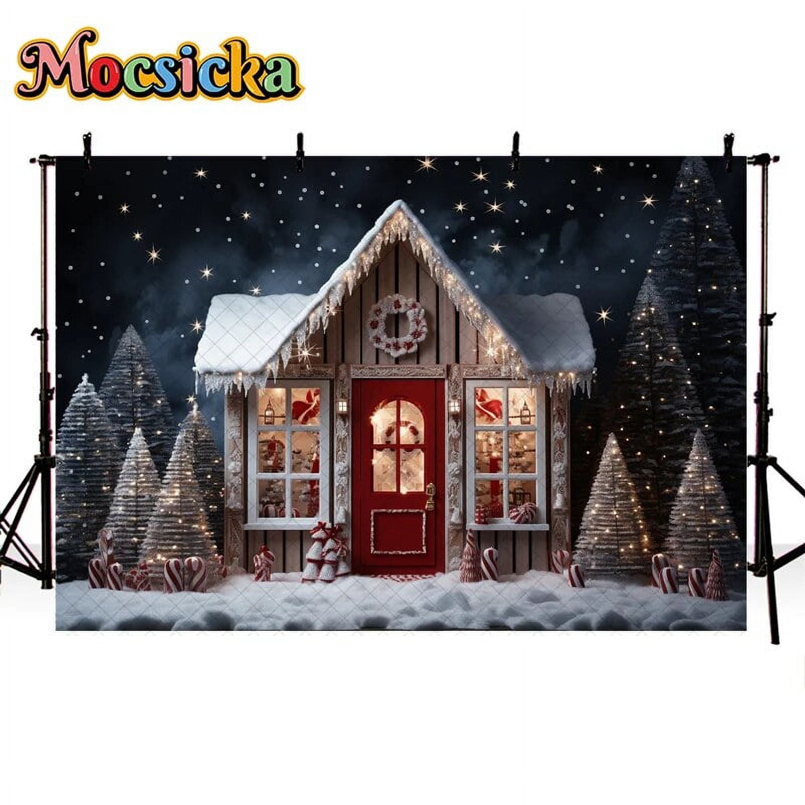Winter Christmas Candy House Backdrop Night Starry Sky Snow Forest Tree ...