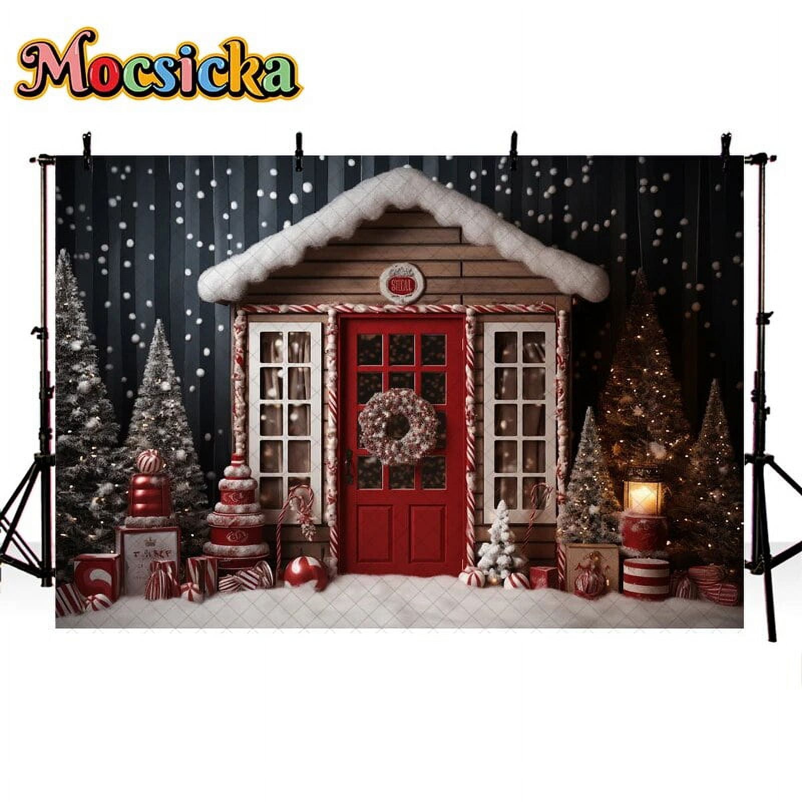 Winter Christmas Candy House Backdrop Night Starry Sky Snow Forest Tree ...