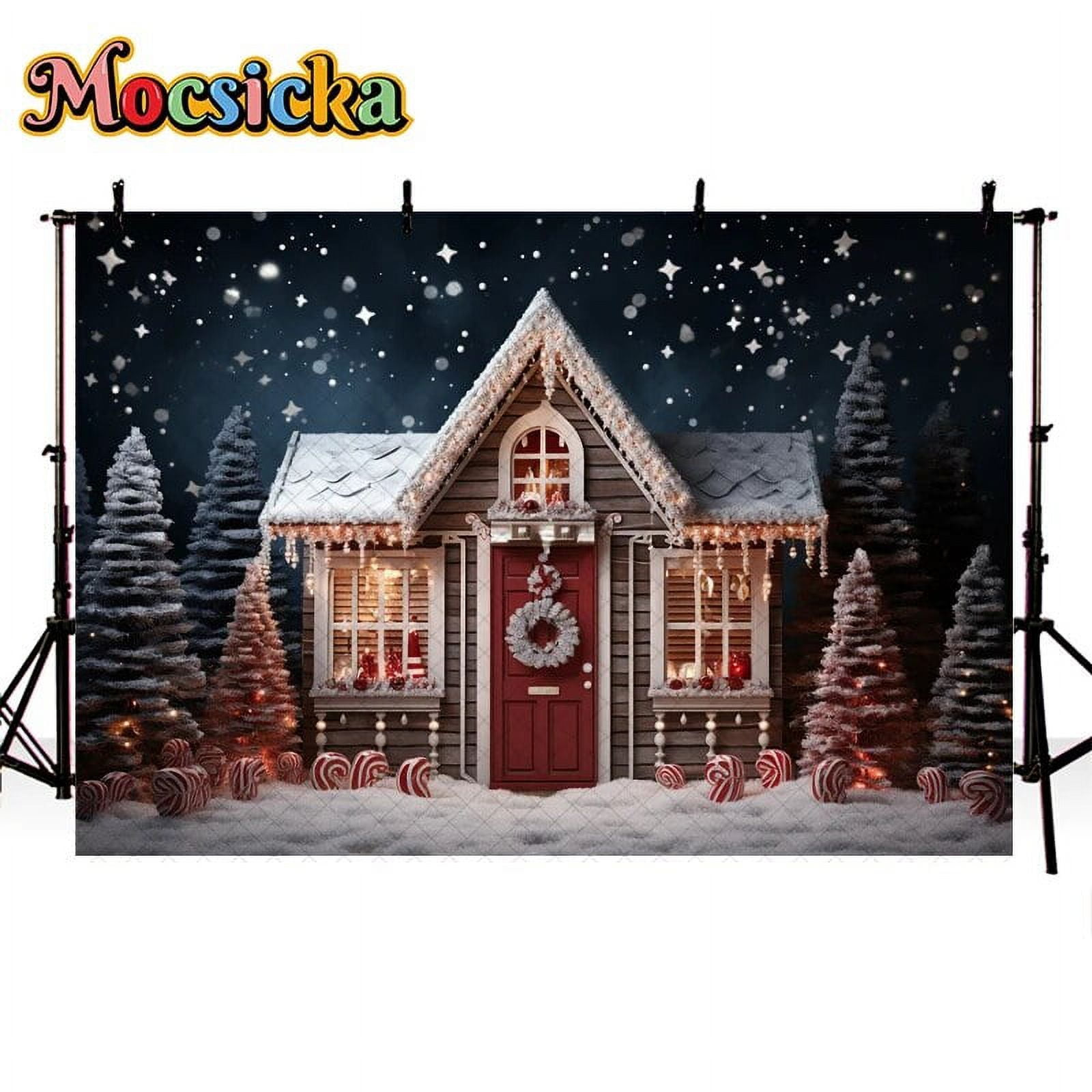 Winter Christmas Candy House Backdrop Night Starry Sky Snow Forest Tree ...