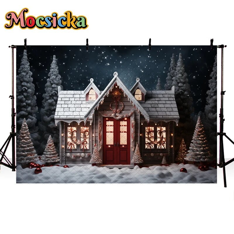 Winter Christmas Candy House Backdrop Night Starry Sky Snow Forest Tree ...