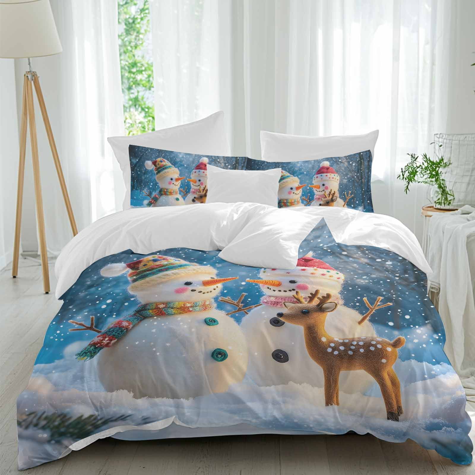 Winter Christmas Comforter Set Queen Size, Snowman Deer Forest ...