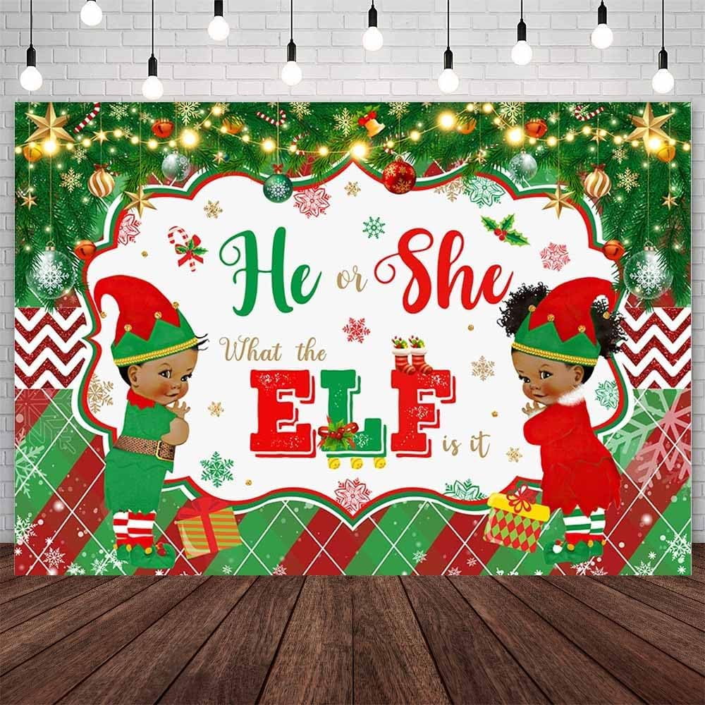 Winter Christmas Elf Gender Reveal Backdrop He or She What The Elf is ...