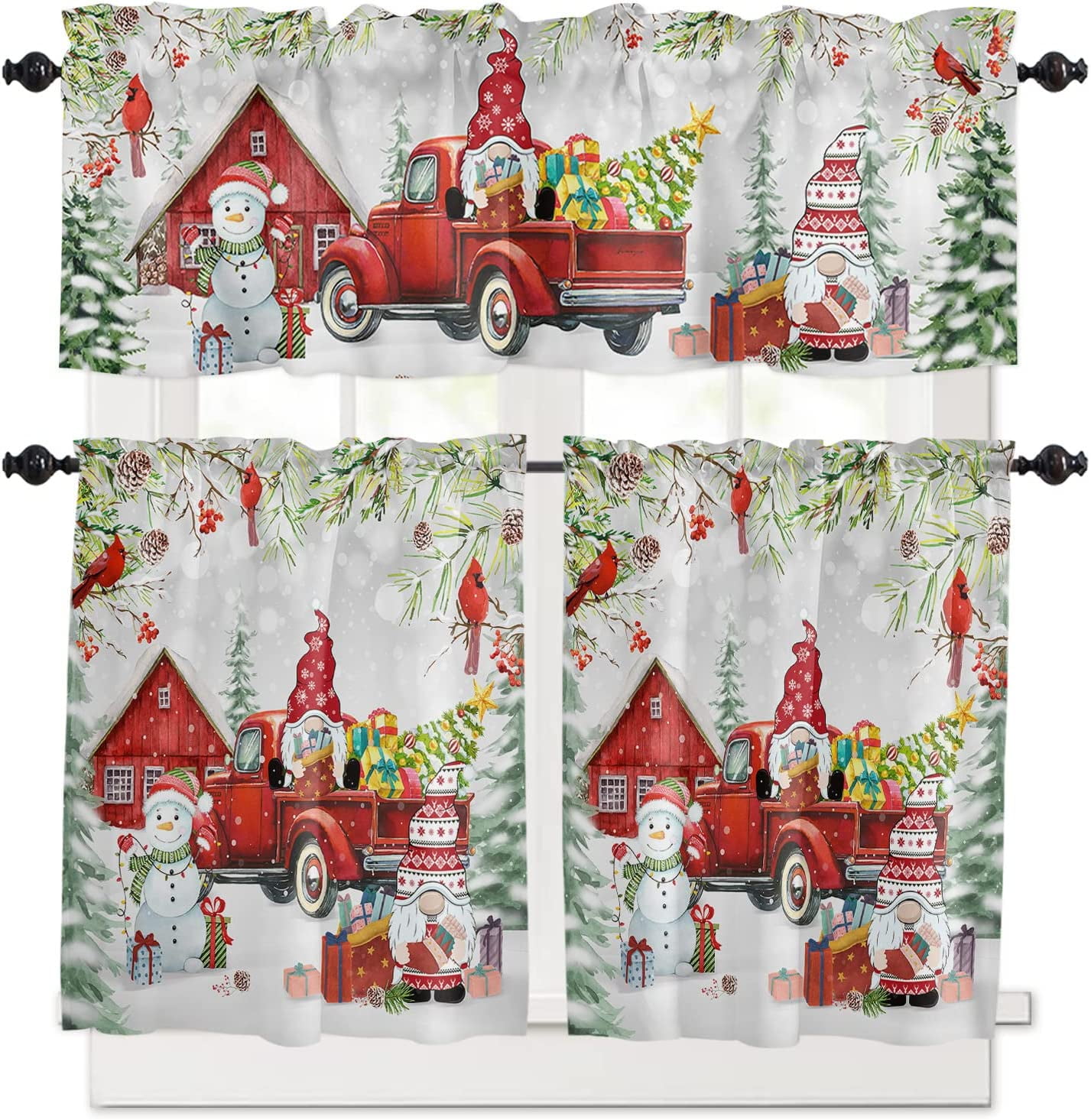 Winter Christmas Farmhouse Curtain Tier and Valance Set ,3 Piece Rod ...
