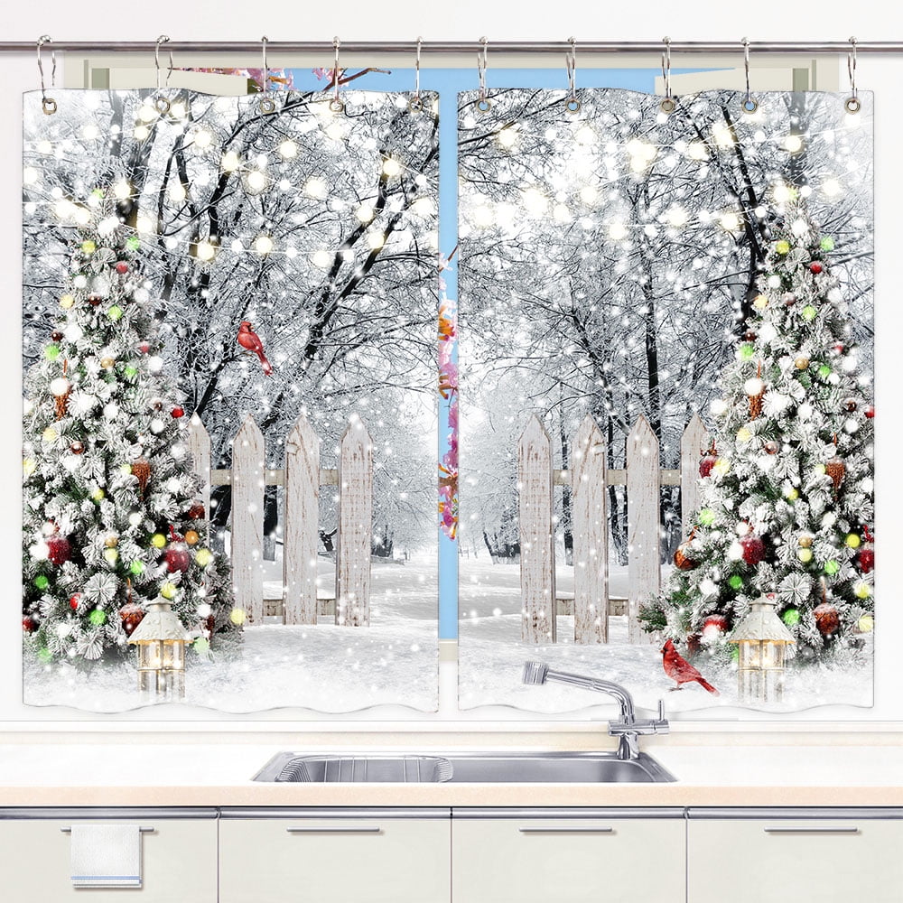 Winter Christmas Kitchen Curtains, Snow Forest Landscape Curtains ...