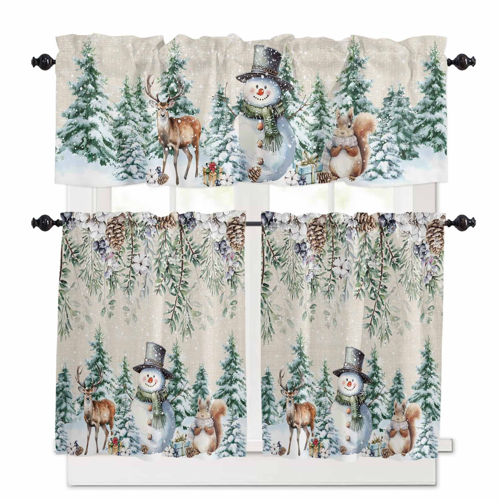 Winter Christmas Kitchen Curtains Valances and Tiers Set of 3 Snowman ...