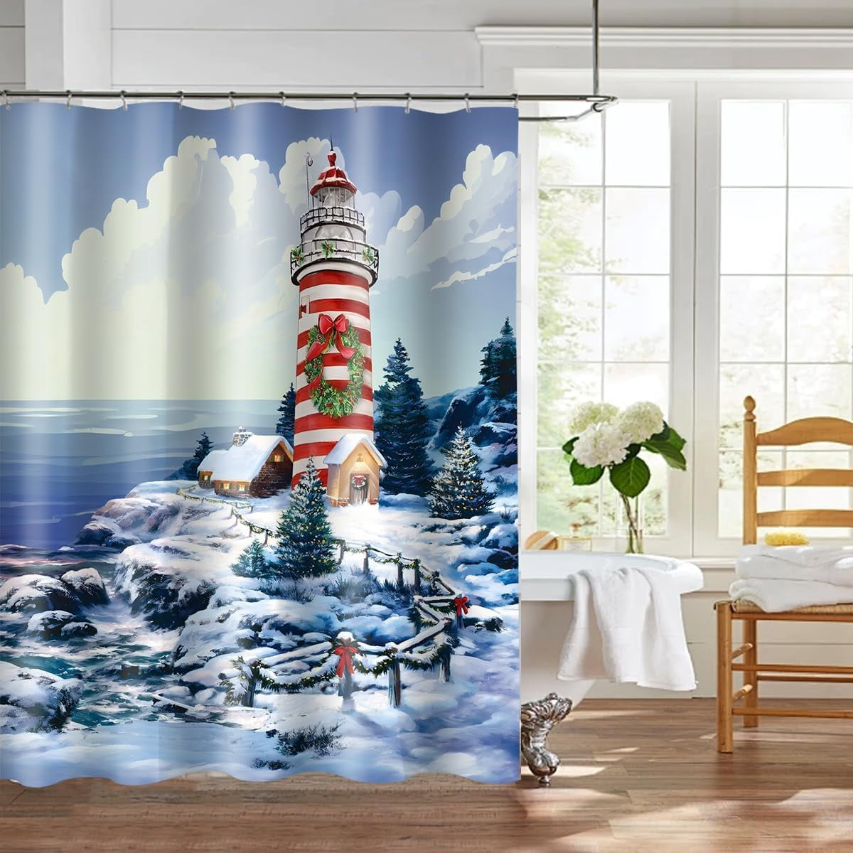 Winter Christmas Lighthouse Shower Curtain Blue Winter Cute Beach Snowy ...