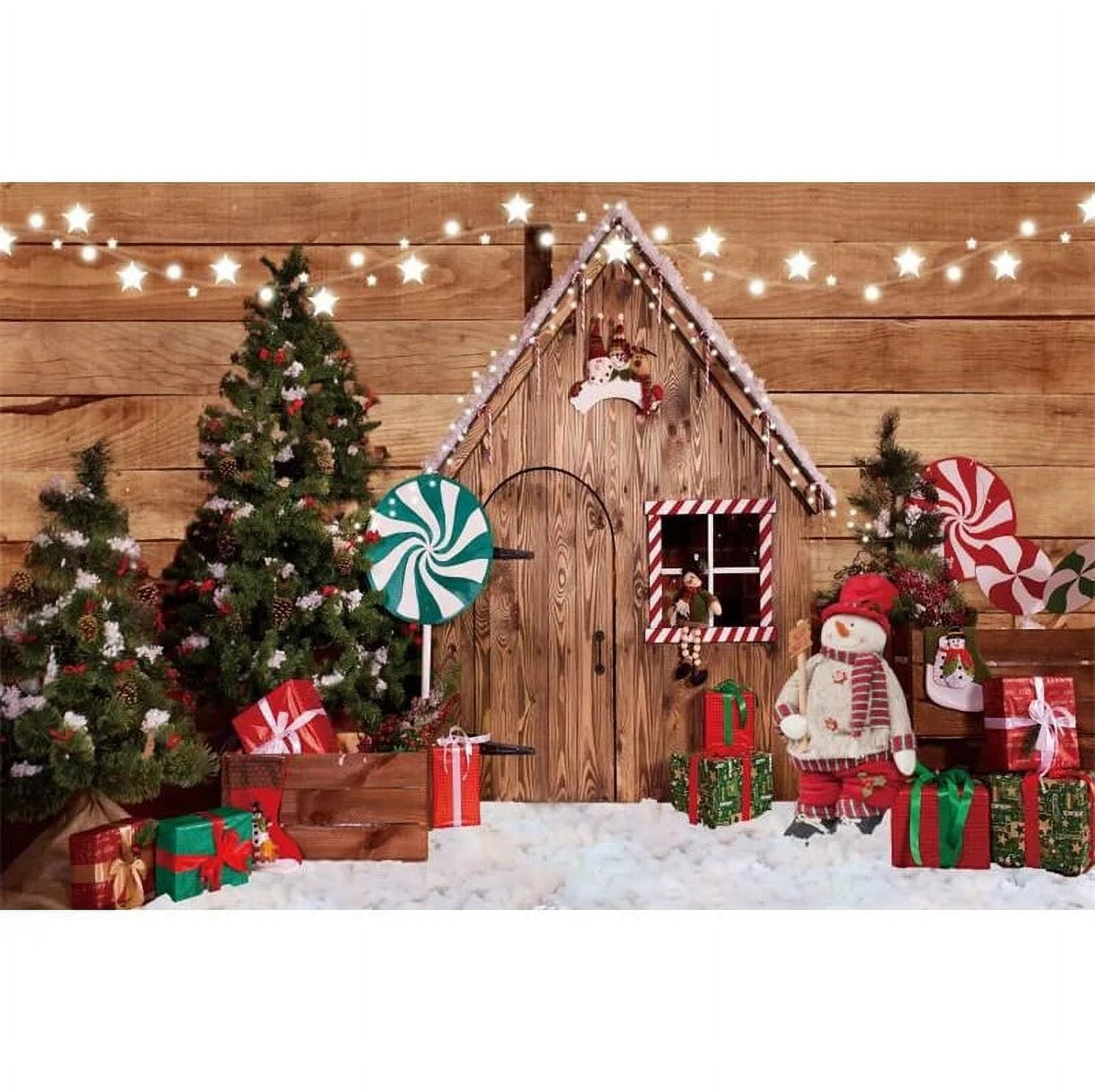 Winter Christmas Photo Backdrop Shiny Wood Cabin Cartoon Forest ...
