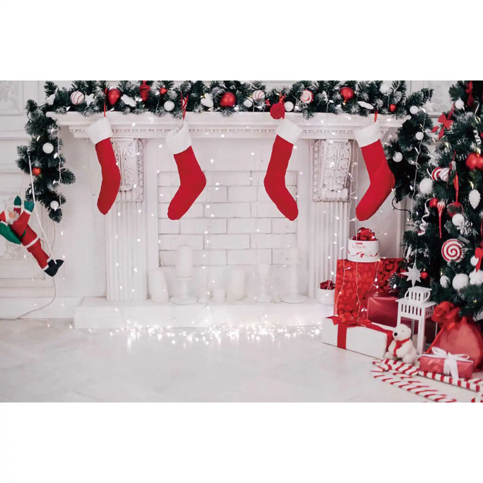 Winter Christmas Photography Backdrop Fireplace Xmas Trees Whute Wall ...