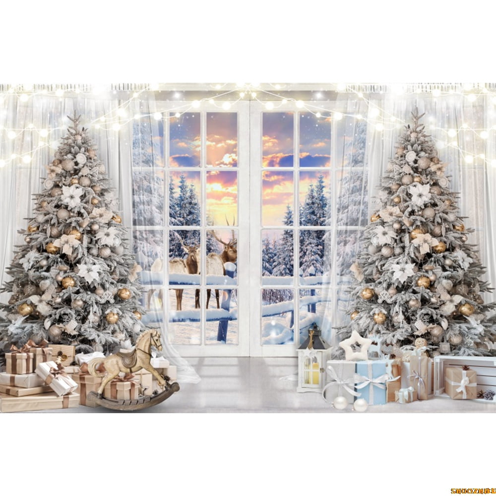 Winter Christmas Photography Backdrop White Wood Window Snow Forest Sce ...