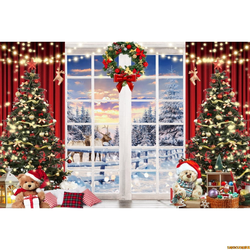 Winter Christmas Photography Backdrop White Wood Window Snow Forest Sce ...