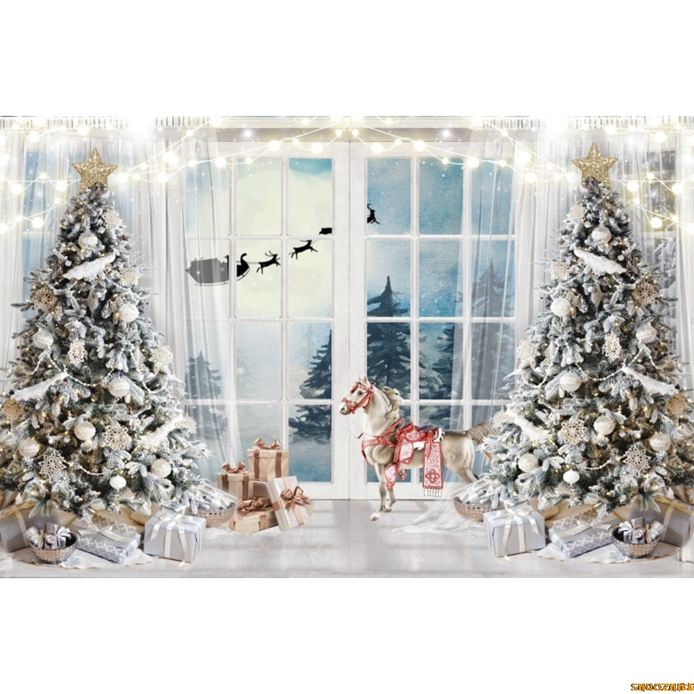 Winter Christmas Photography Backdrop White Wood Window Snow Forest Sce ...
