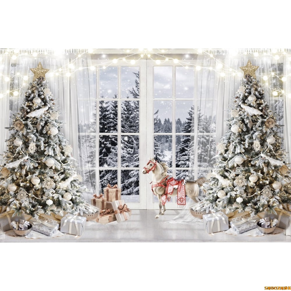 Winter Christmas Photography Backdrop White Wood Window Snow Forest Sce ...