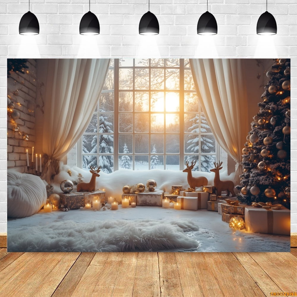 Winter Christmas Photography Background Large Window Xmas Tree Elk ...