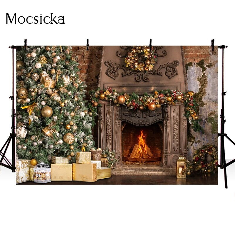 Winter Christmas Portrait Photography Backdrop Window Fireplace Snow ...