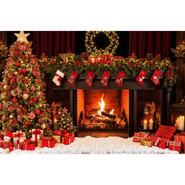 Winter Christmas Red Pine Tree Backdrop for Photography Fireplace Gifts ...