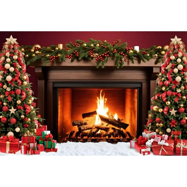 Winter Christmas Red Pine Tree Backdrop for Photography Fireplace Gifts ...