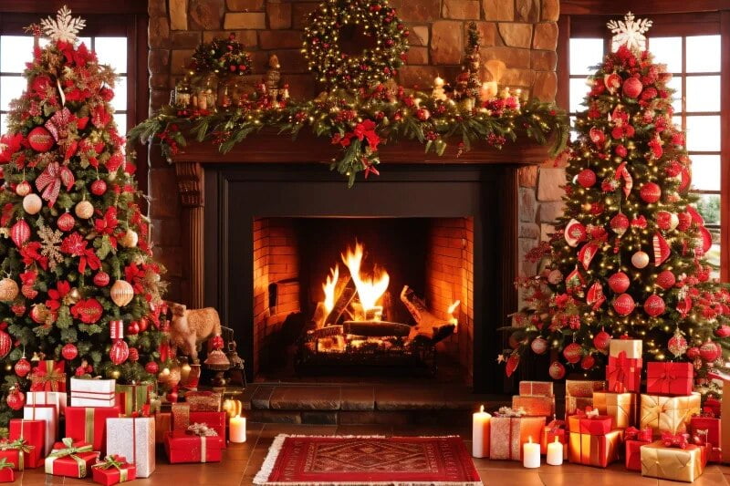 Winter Christmas Red Pine Tree Backdrop for Photography Fireplace Gifts ...