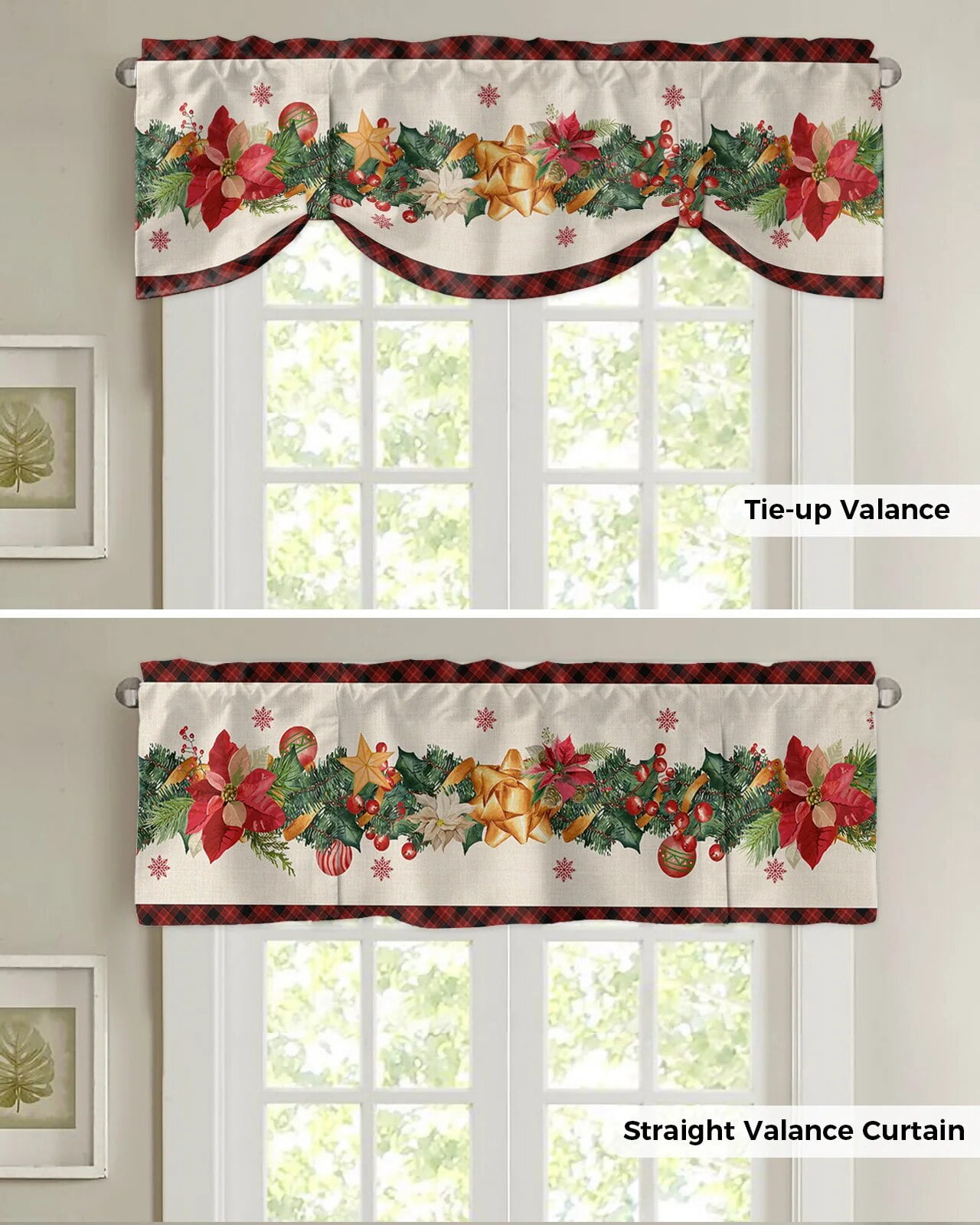 Winter Christmas Retro Red Pattern Window Curtain Living Room Kitchen ...