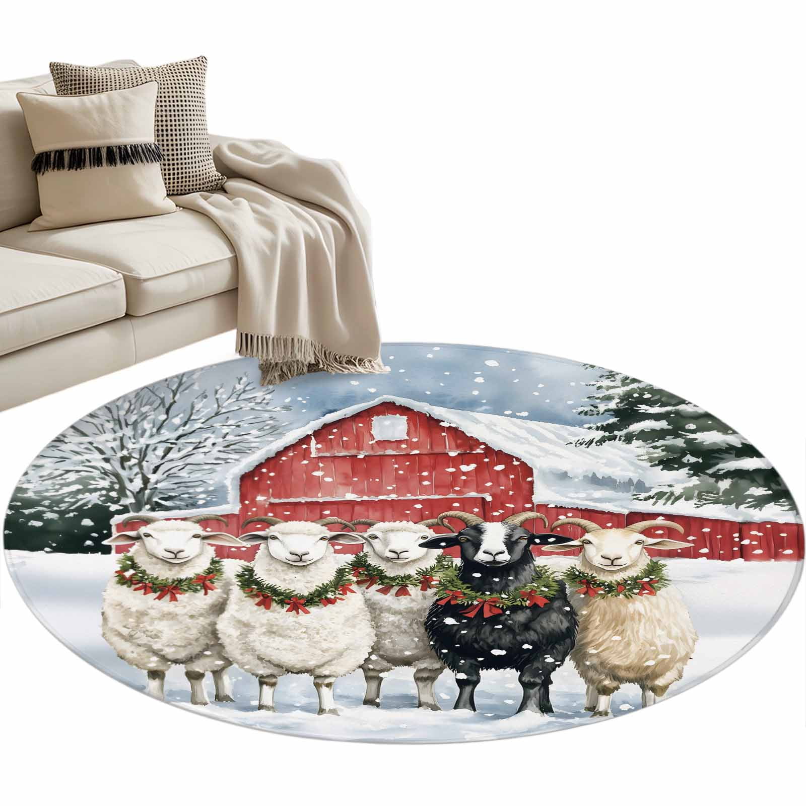 Winter Christmas Round Area Rug 3ft Goat Red Farmhouse Snowy Non-Slip ...