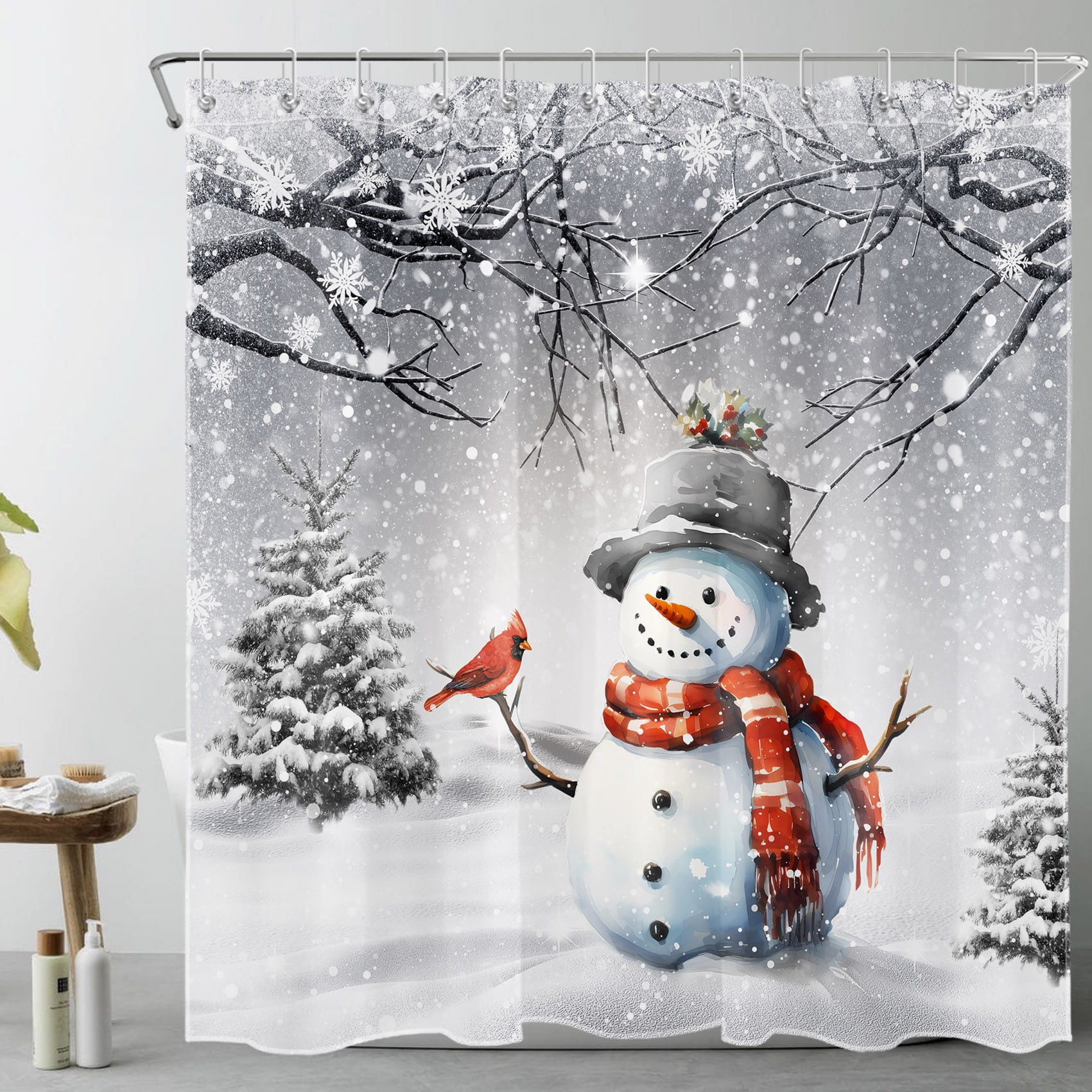 Winter Christmas Shower Curtain for Bathroom,Cute Snowman with ...