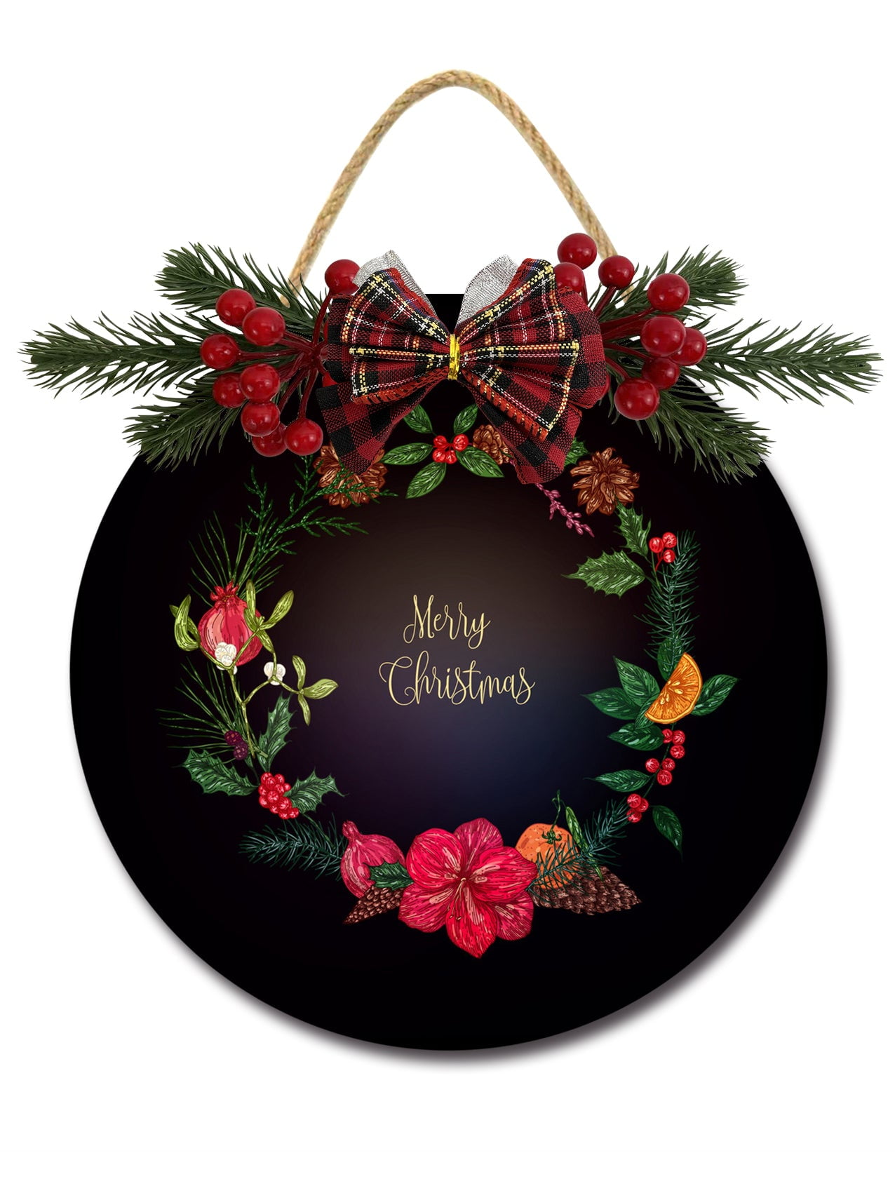 Winter Christmas Sign Front for Door Decoration, 12 in Round Wood Wreaths Wall Hanging Outdoor ...