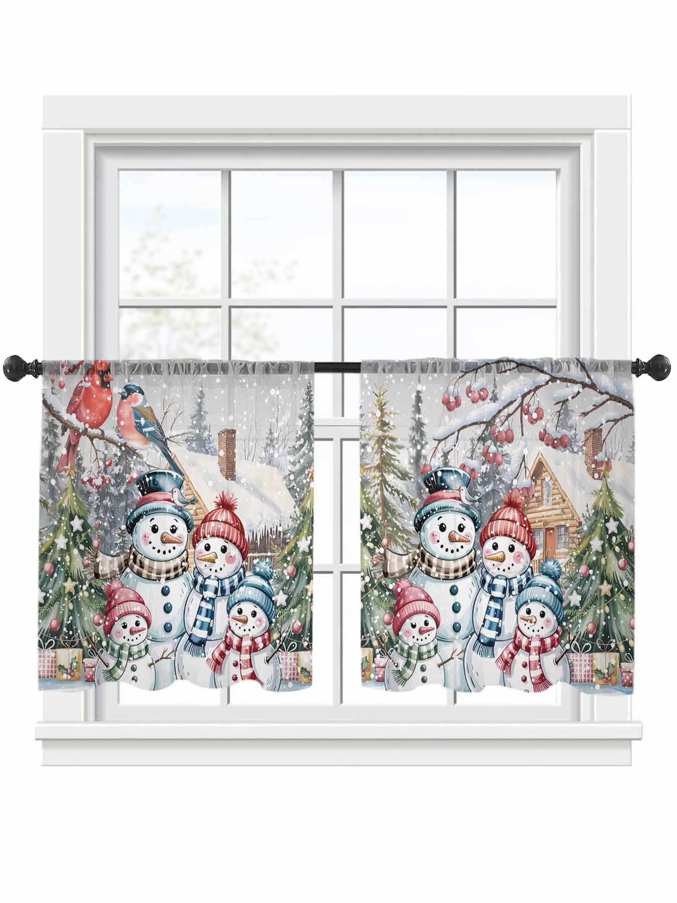 Winter Christmas Snowman Chalet Pine Winter Snow Scene Sheer Curtains ...