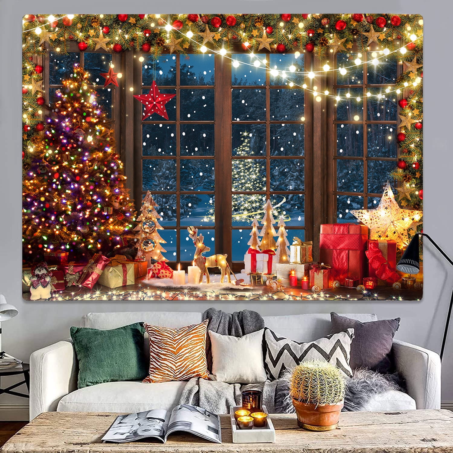 Winter Christmas Tapestry, Rustic Wooden Window Christmas Tree Tapestry ...