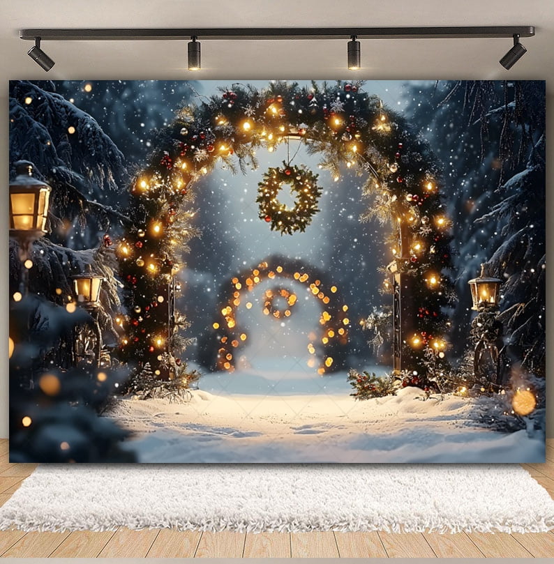 Winter Christmas Tree Backdrop Glitter Street Lights Arch Door ...