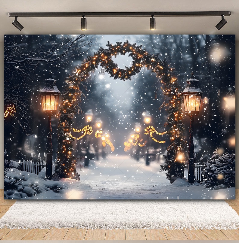 Winter Christmas Tree Backdrop Glitter Street Lights Arch Door ...