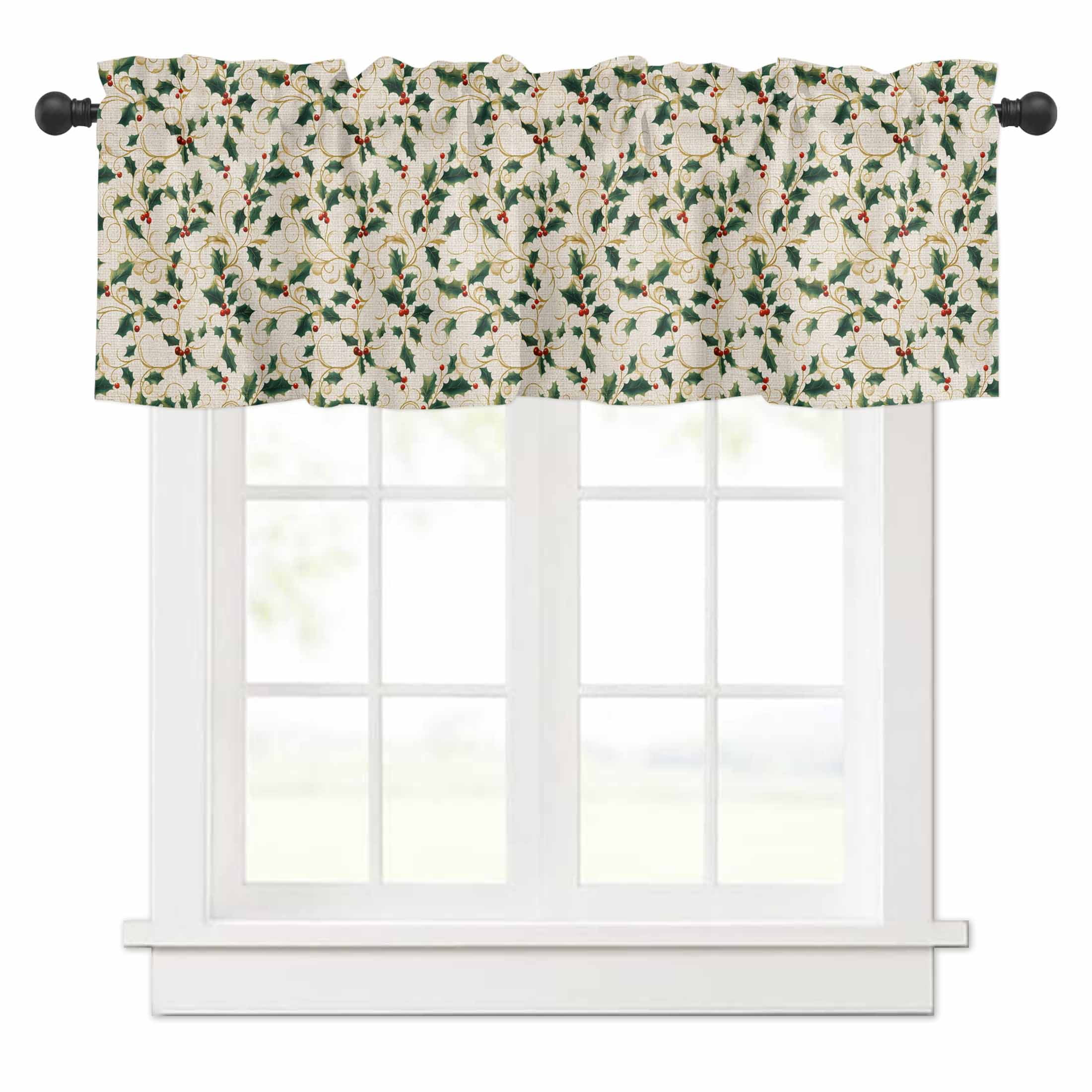 Winter Christmas Valances for Windows Holly Berry Plants Leaves Linen ...
