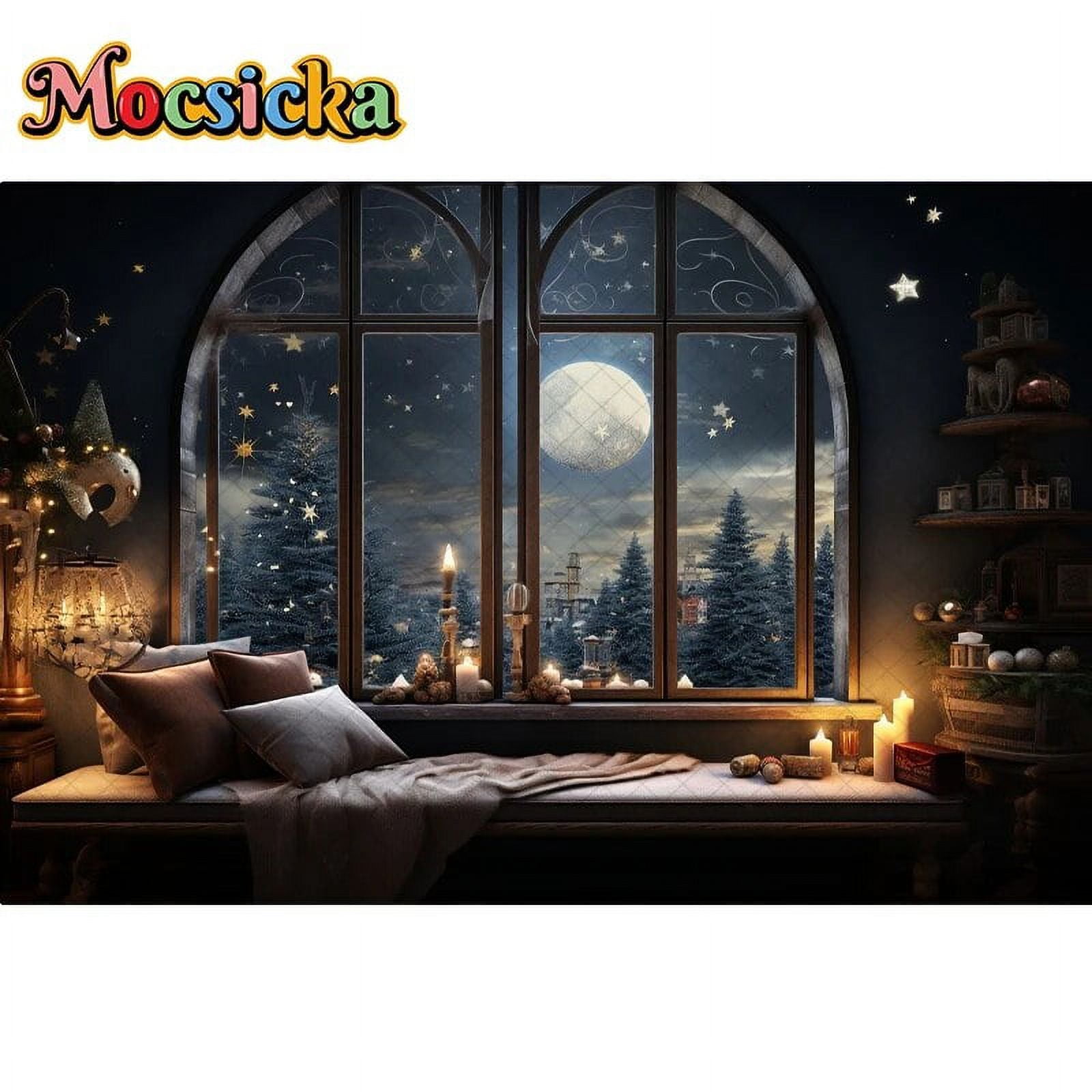 Winter Christmas Window Photography Backdrop Night Starry Night Cuddle ...