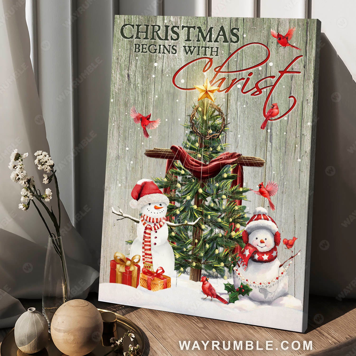 Winter, Christmas tree, Cute Snowman, Cardinal, Christmas begins with ...