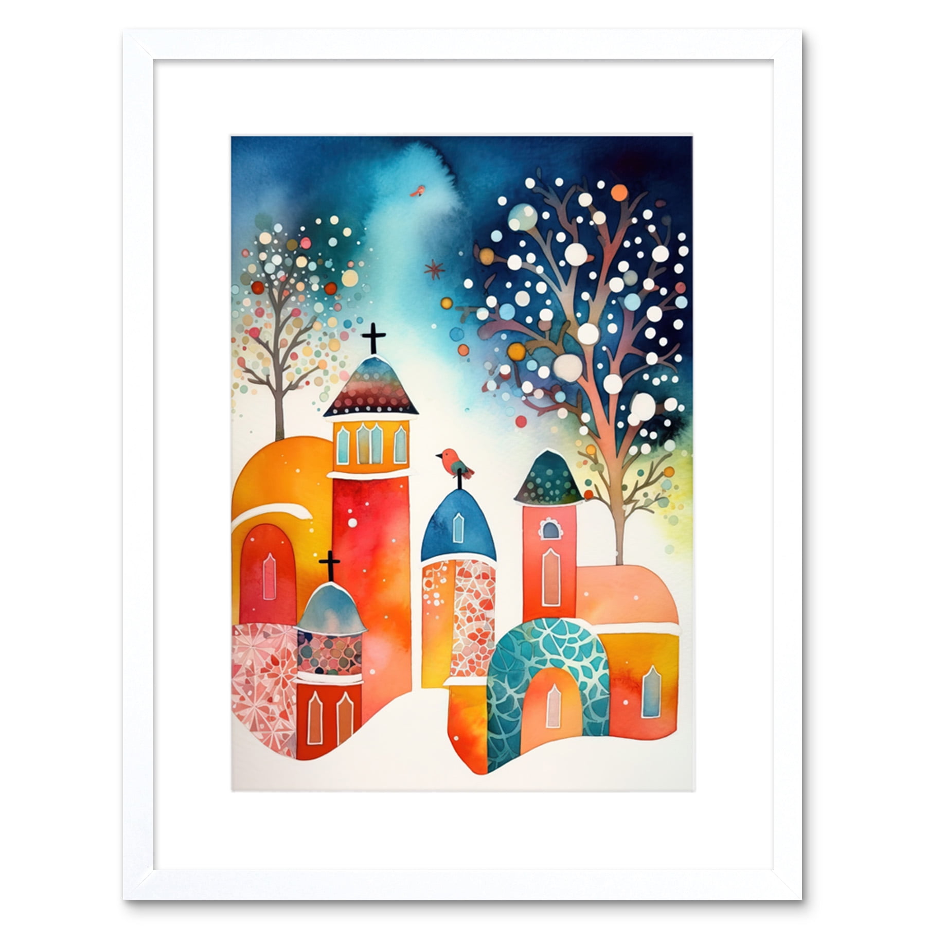 Winter Churchyard Snowfall Trees Folk Art Artwork Framed Print Wall Art ...