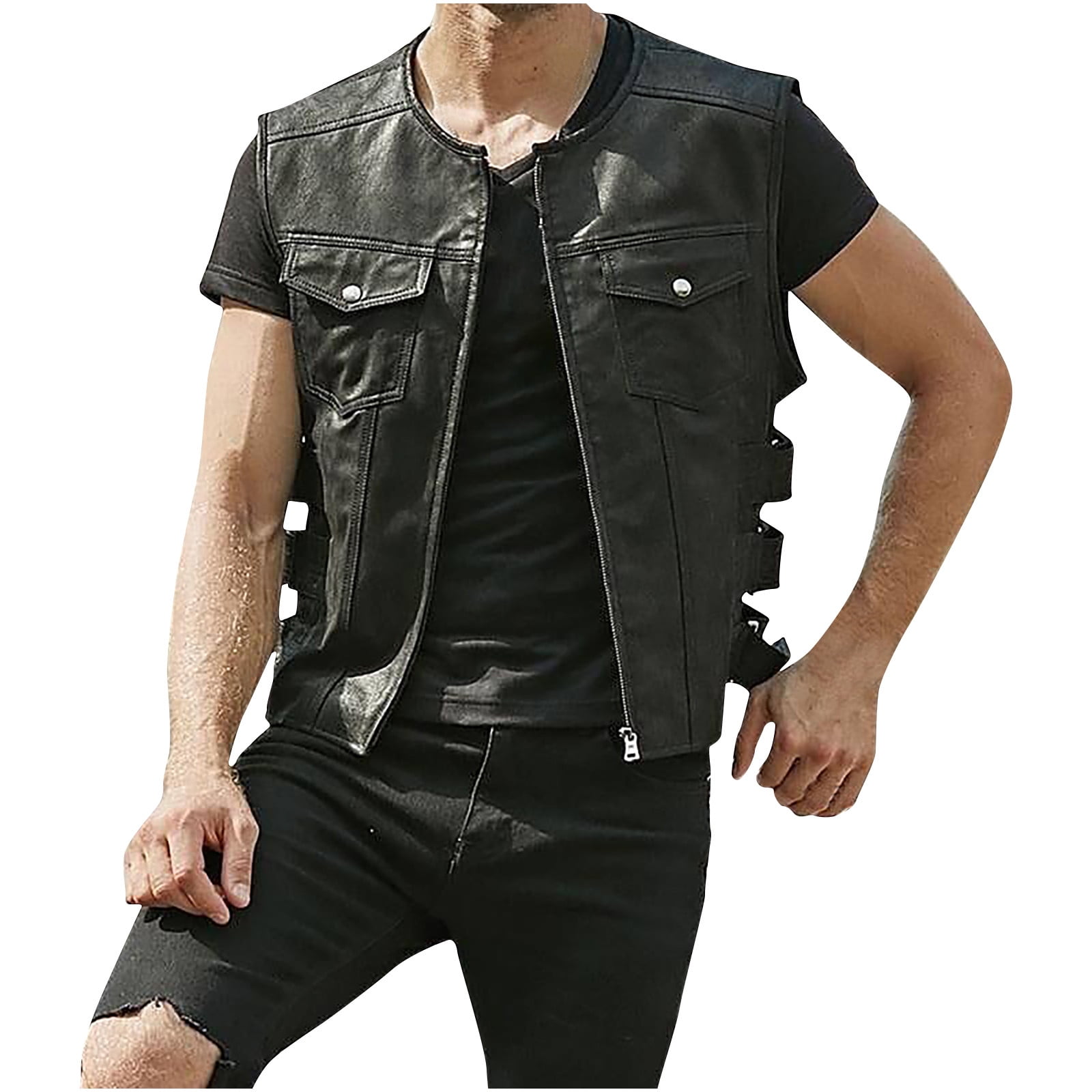 Winter Clearance 2024 Olyvenn Men's Black Genuine Leather Vest Biker ...