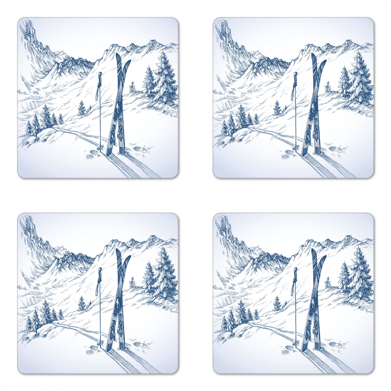 Winter Coaster Set of 4, Sketchy Graphic of a Downhill Ski Elements in ...