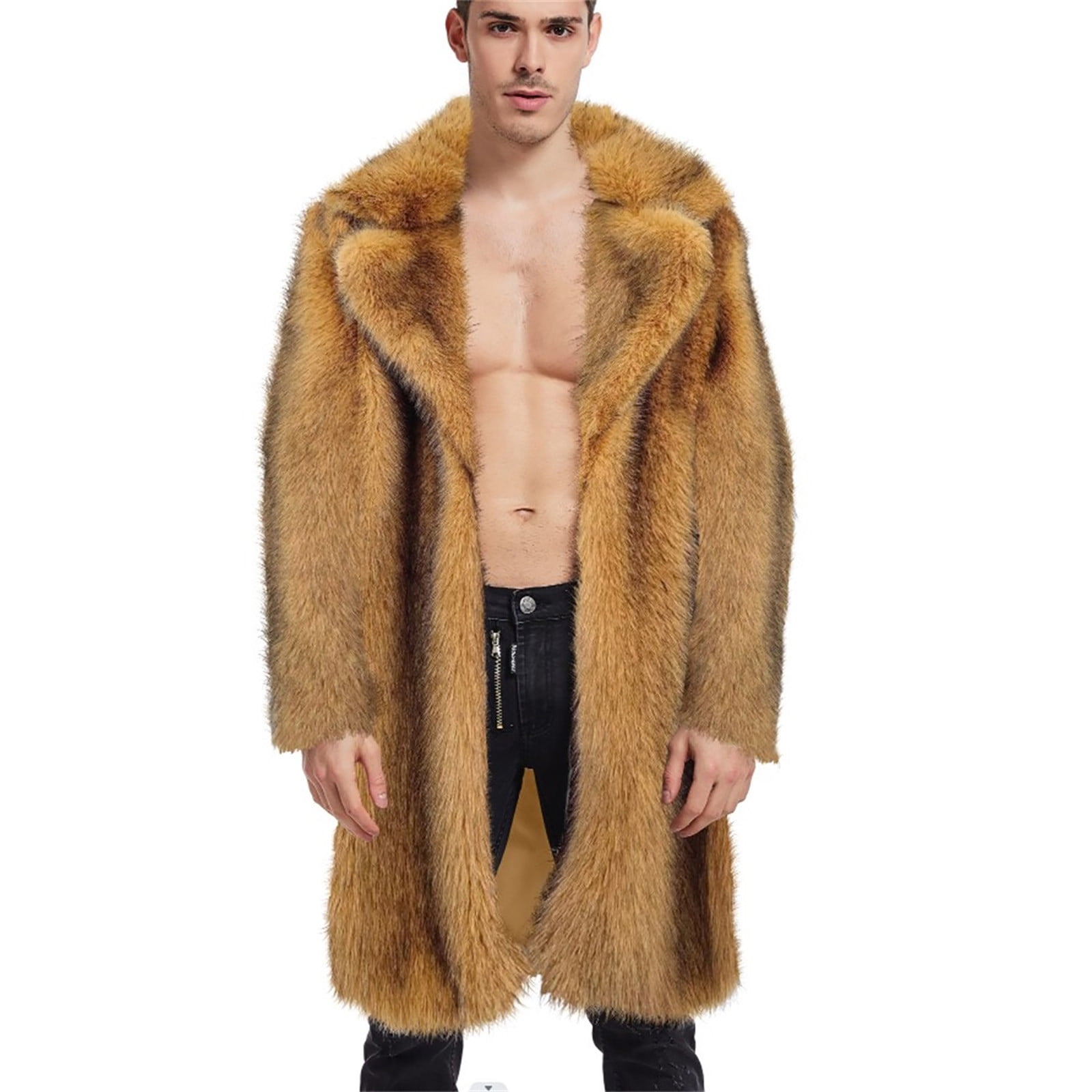 Winter Coat for Men Winter Faux-Fur Coat Turn-Down Collar Jacket Long ...
