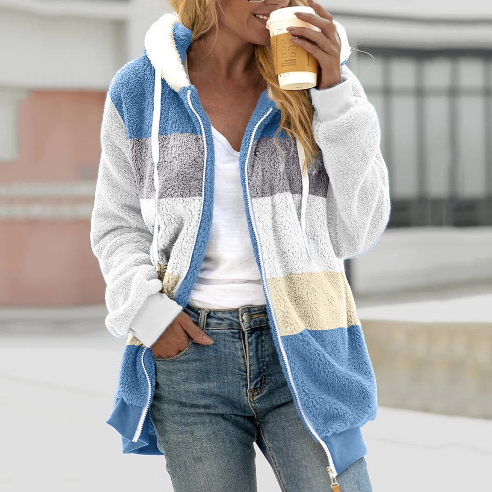 Winter Coats for Women Fuzzy Fleece Jacket Oversized Colorblock Long ...