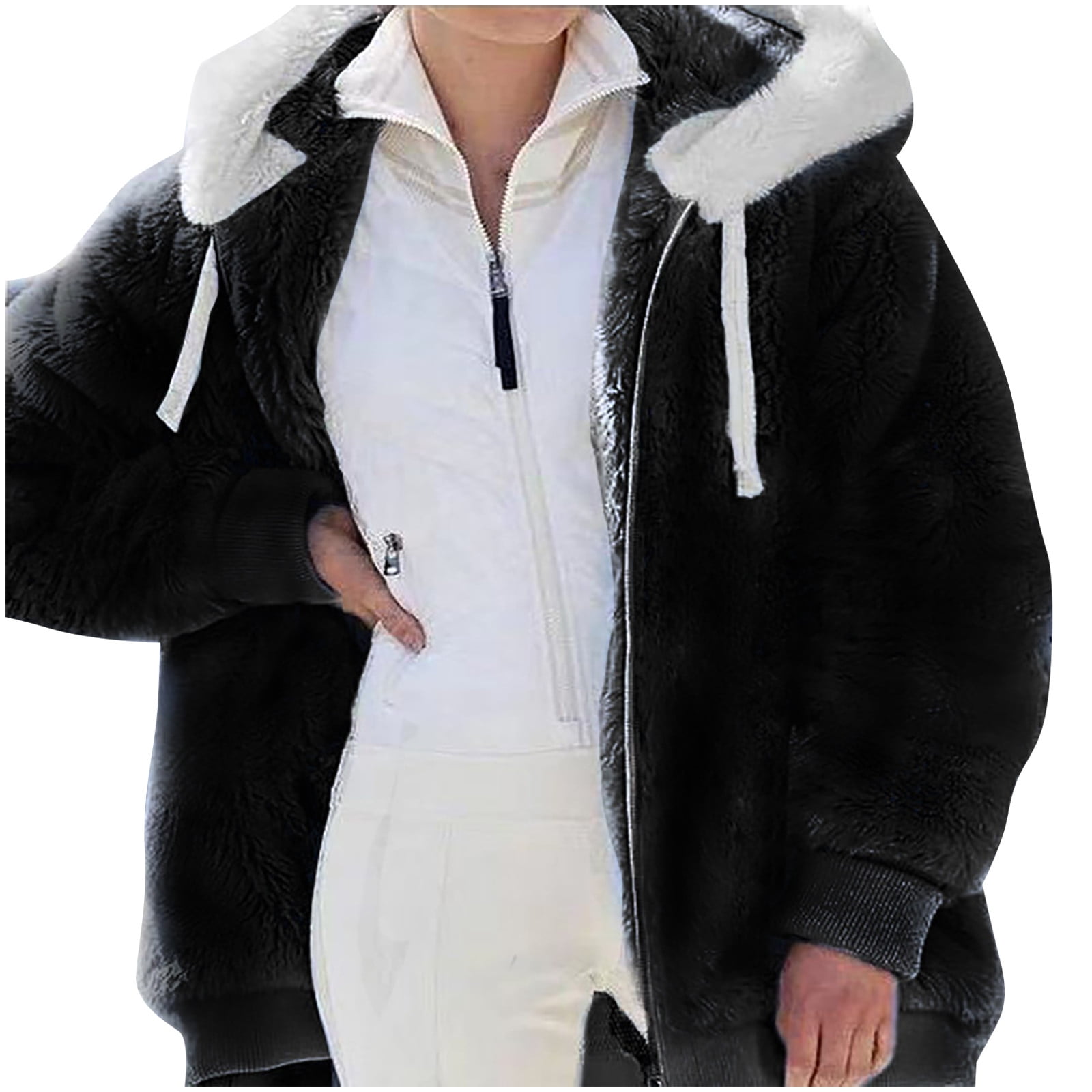 Zpanxa Winter Long Casual Coats for Women, Plus Size Faux Fur Hoodie Jacket, Thick Warm Black ...
