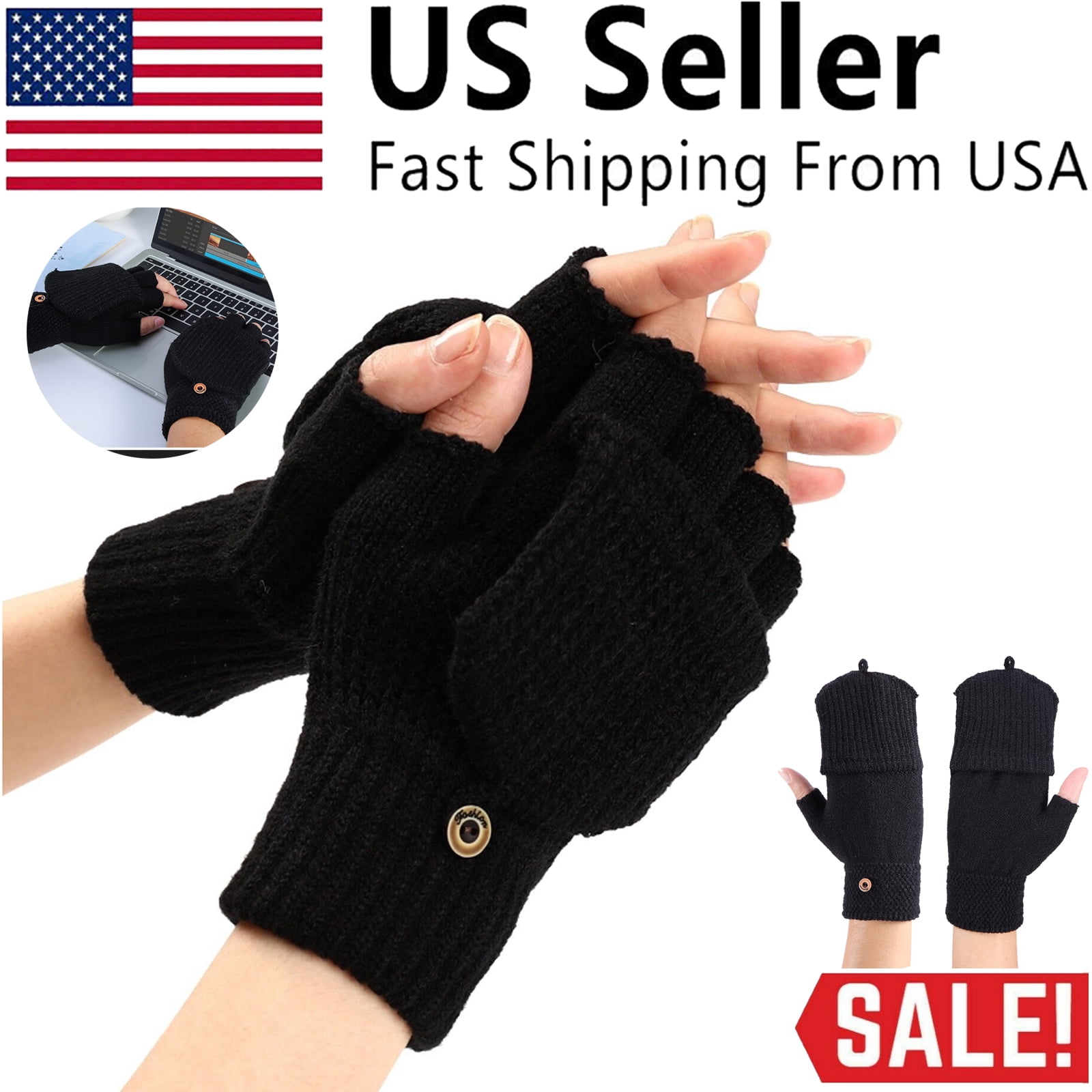 Winter Convertible Mittens Thermal Knitted Fingerless Gloves Touch ...