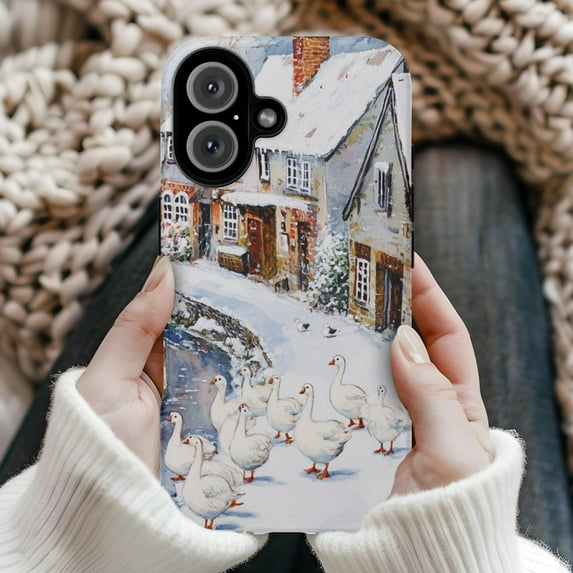 Winter Cottage Case Geese Snowy Village Art for iPhone 17 11 12 13 14 ...