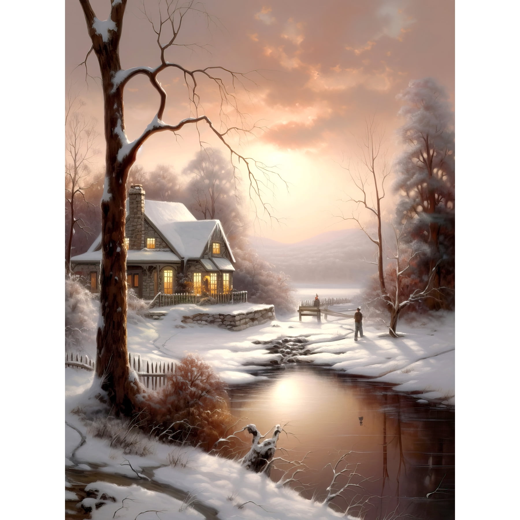 Winter Cottage Landscape Oil Painting Snow Lake Sunset Snowy Trees ...