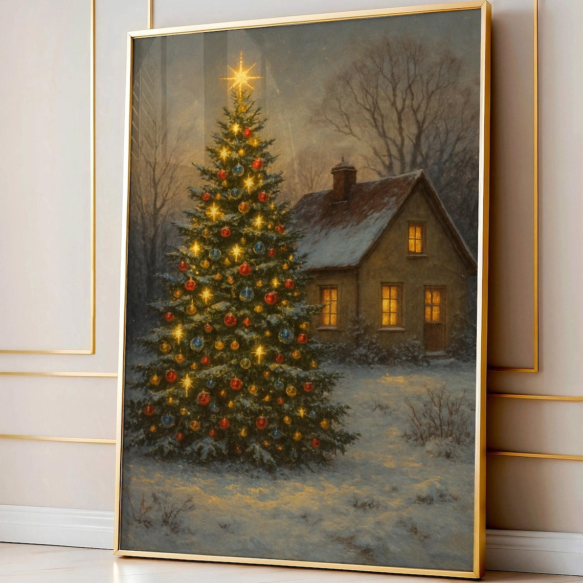 Winter Cottage Poster, Snowy Night Landscape Printable, Warm Cozy ...