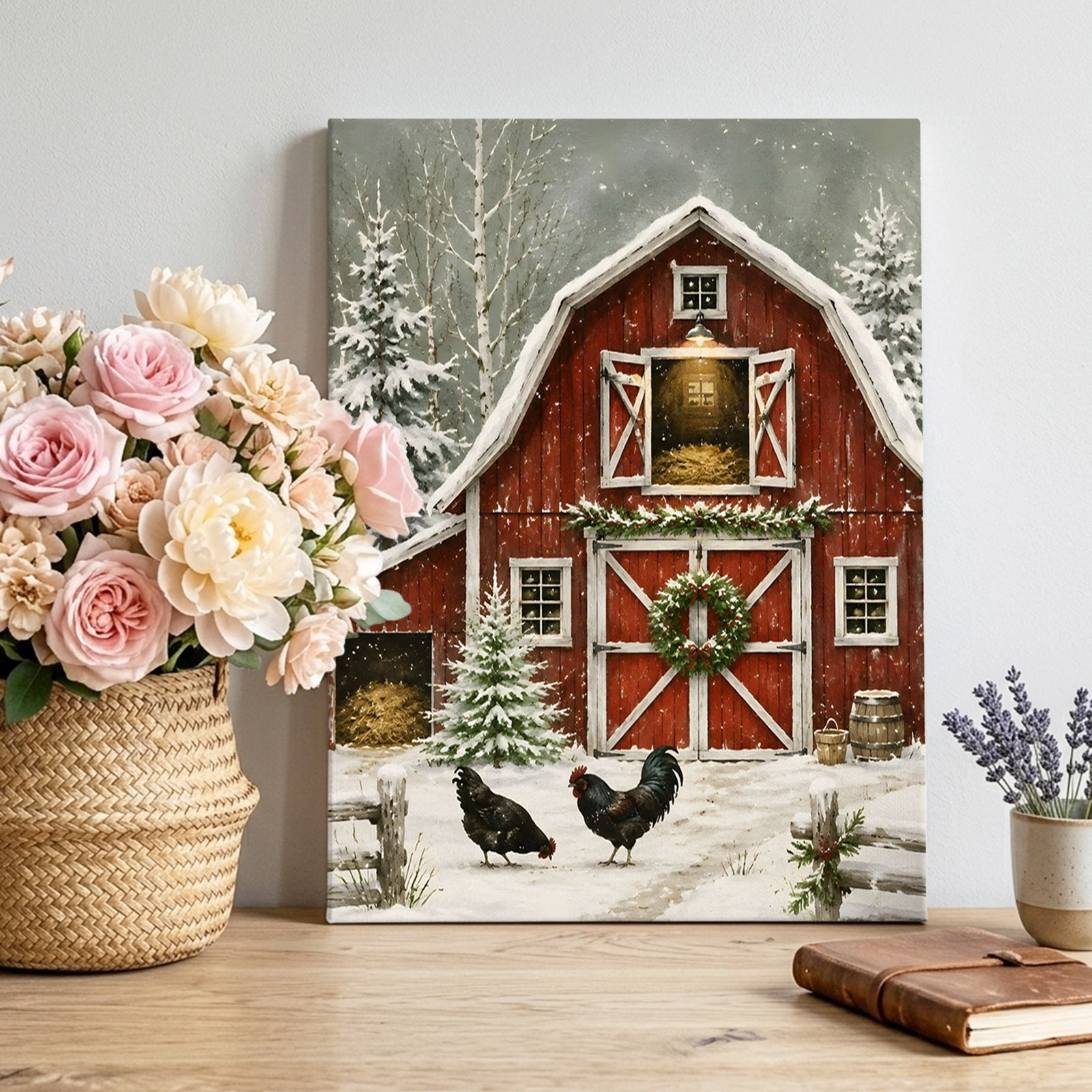 Winter Country Landscape Canvas Wall Art, Classic Red Barn Chicken Pine ...