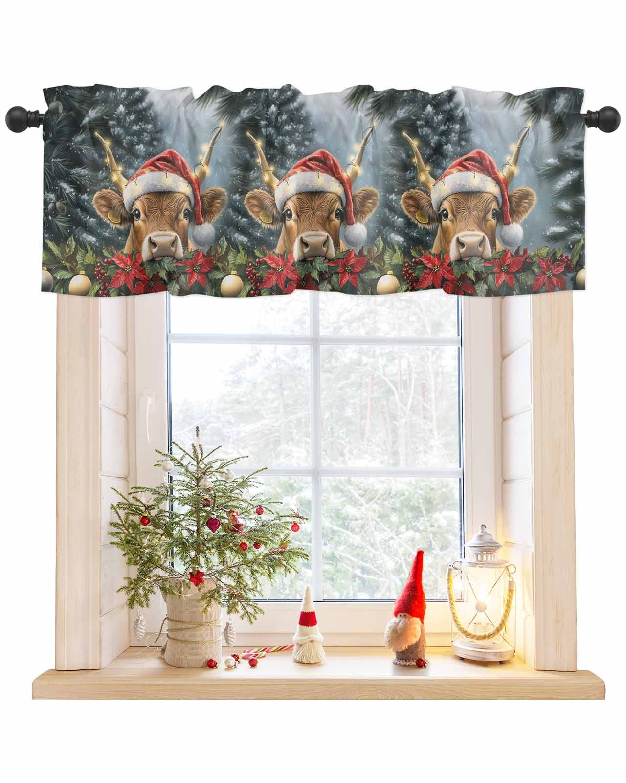 Winter Cow Pine Tree Poinsettia Window Valance for Kitchen, Christmas ...